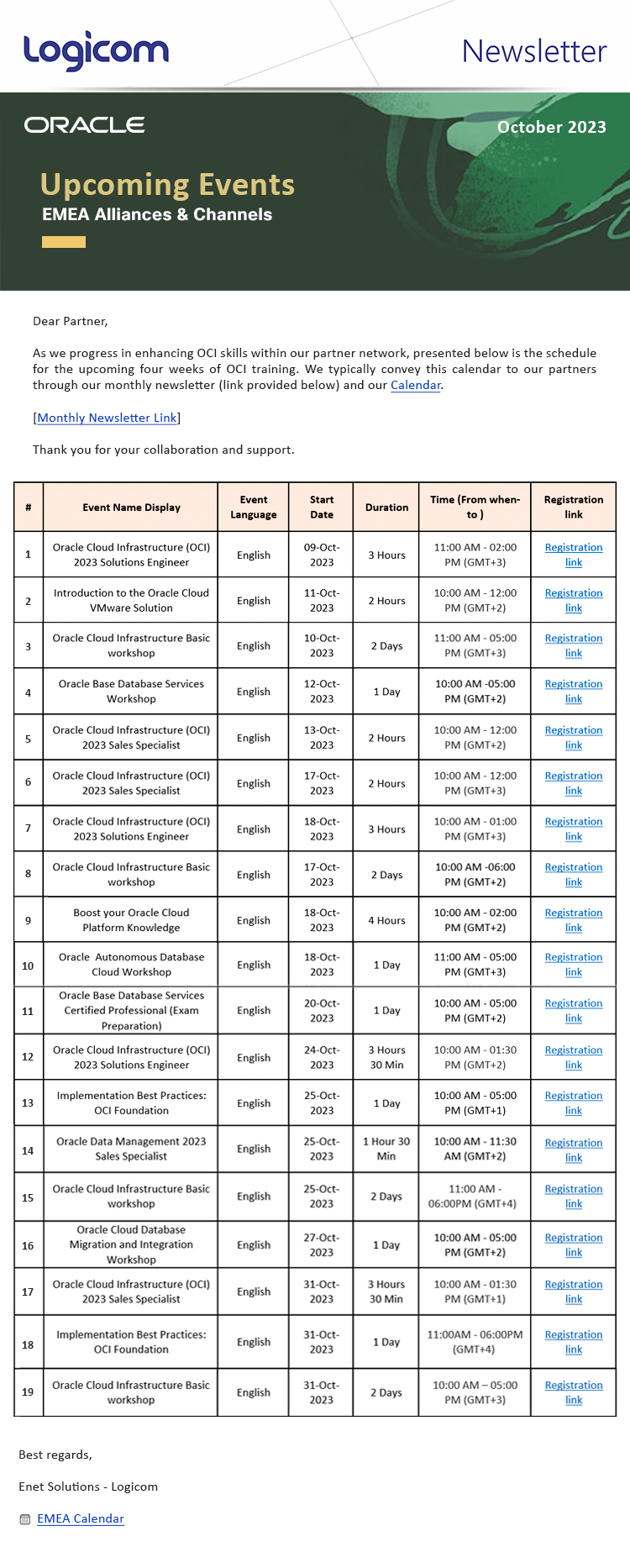 Enet Solutions - Logicom: ORACLE Upcoming Events | EMEA Alliances & Channels